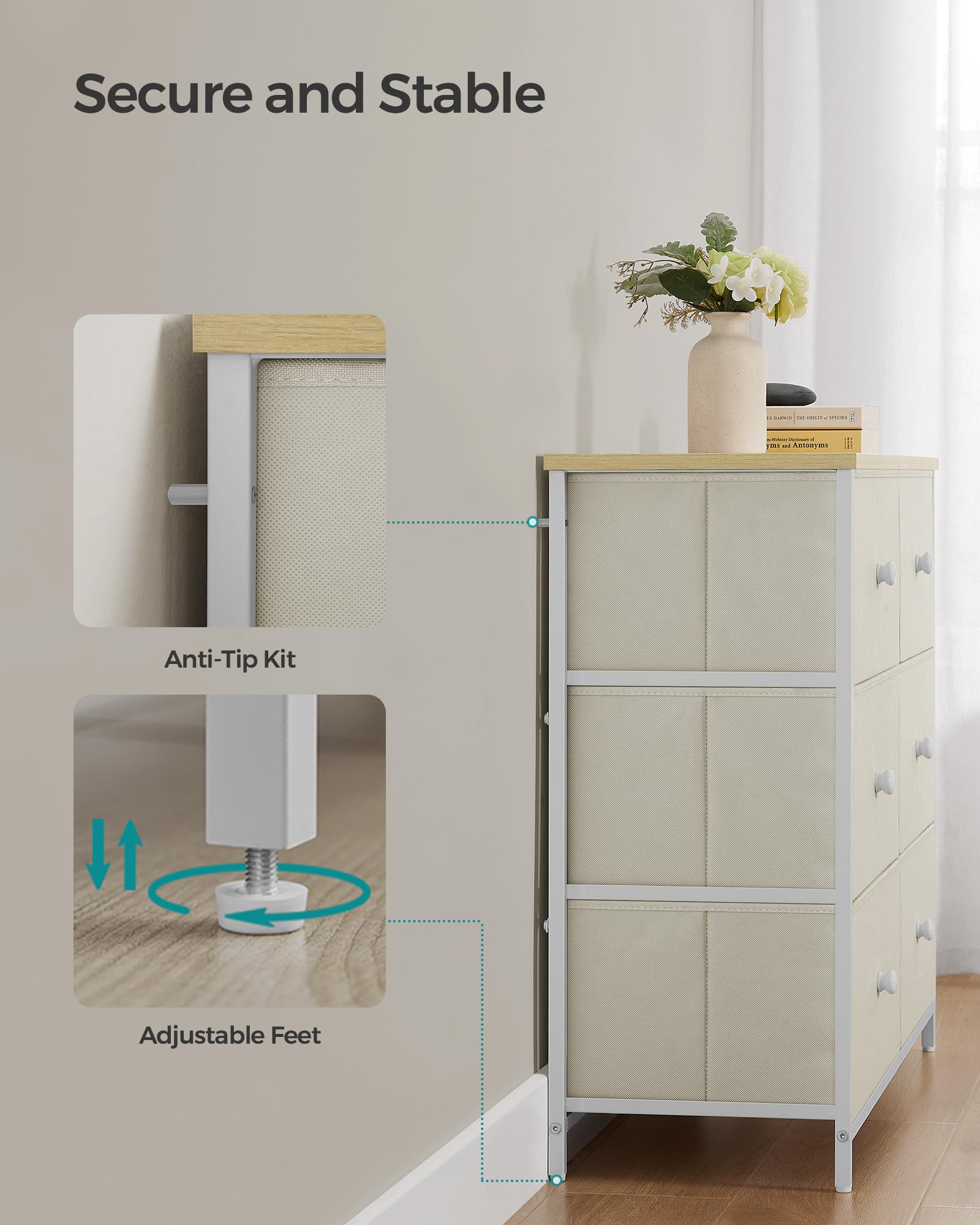 SONGMICS Bedroom, Chest, 6 Drawer, Closet Fabric Dresser with Metal Frame, by The yard, Camel Yellow + Cream White