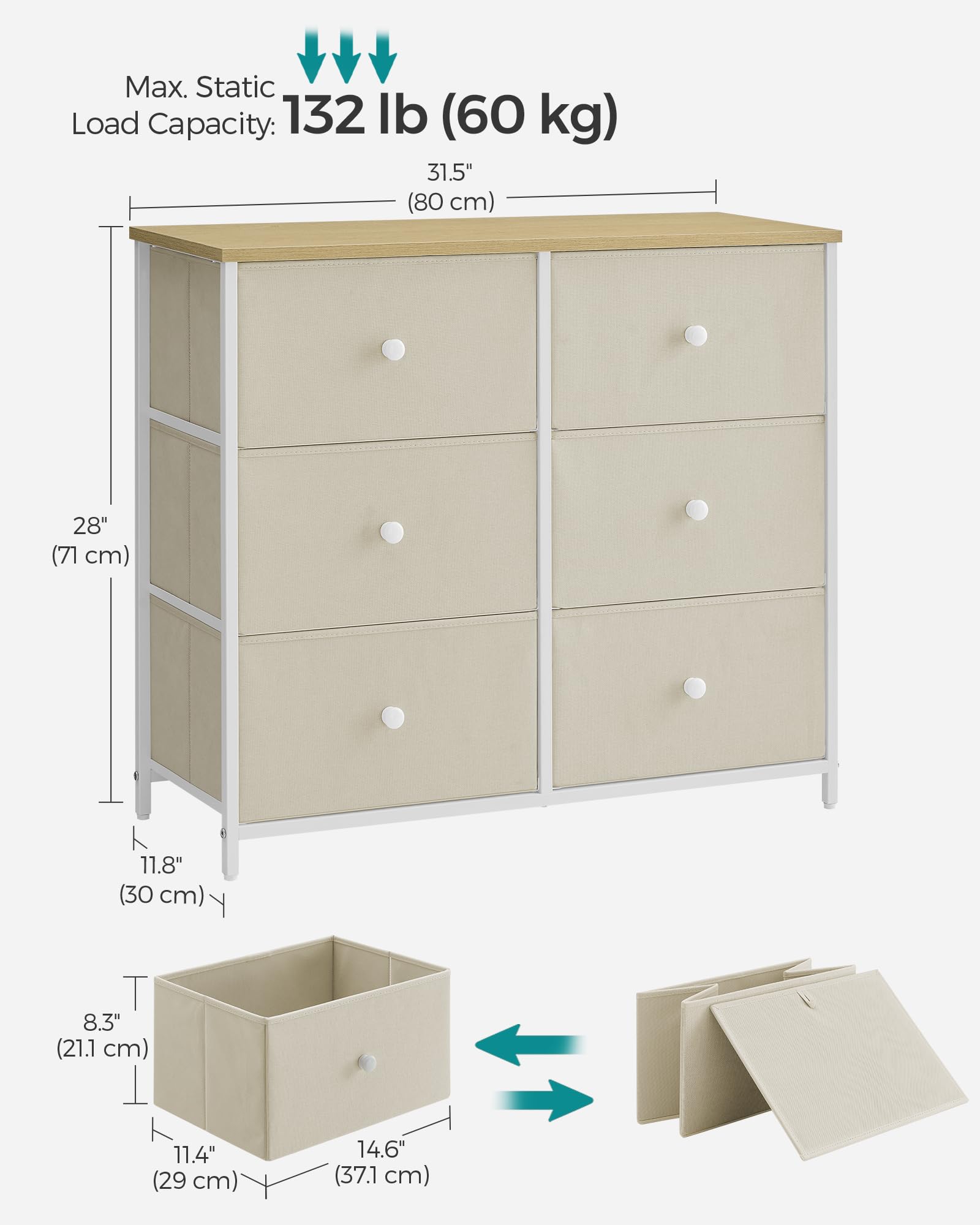 SONGMICS Bedroom, Chest, 6 Drawer, Closet Fabric Dresser with Metal Frame, by The yard, Camel Yellow + Cream White