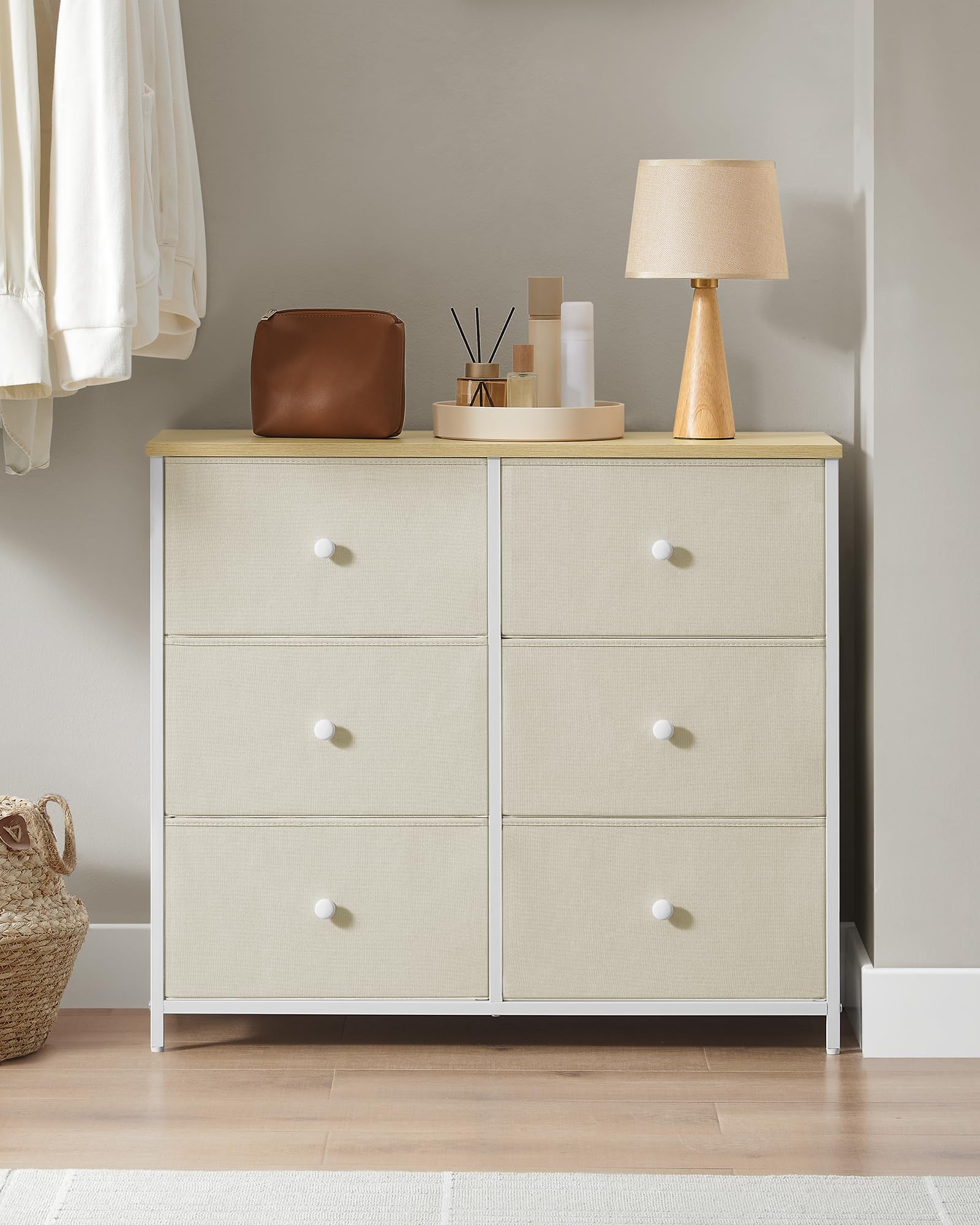 SONGMICS Bedroom, Chest, 6 Drawer, Closet Fabric Dresser with Metal Frame, by The yard, Camel Yellow + Cream White