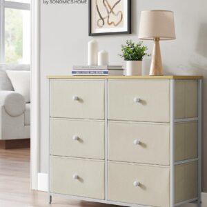 SONGMICS Bedroom, Chest, 6 Drawer, Closet Fabric Dresser with Metal Frame, by The yard, Camel Yellow + Cream White