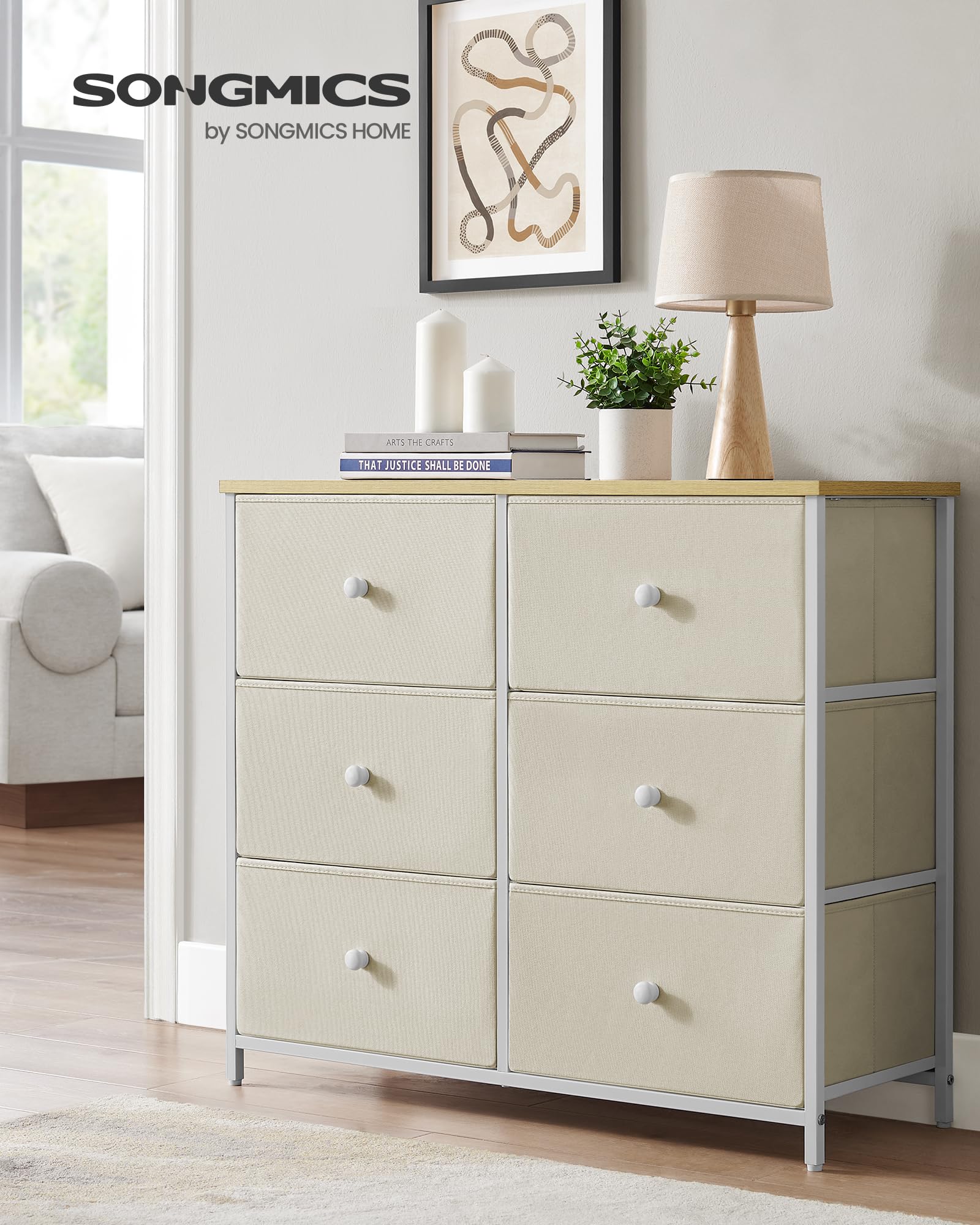 SONGMICS Bedroom, Chest, 6 Drawer, Closet Fabric Dresser with Metal Frame, by The yard, Camel Yellow + Cream White