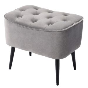 birdrock home tufted curve grey ottoman – velvet foot stool – mid century modern steel legs - soft compact padded stool - living room or bedroom – vanity chair - decorative furniture