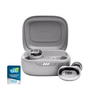 jbl live free 2 - true wireless noise cancelling earbuds, up to 35hrs of playtime, 6 mics for perfect calls with zero noise, ipx5 waterproof, oval tubes for better comfort, isolation, & bass (silver)