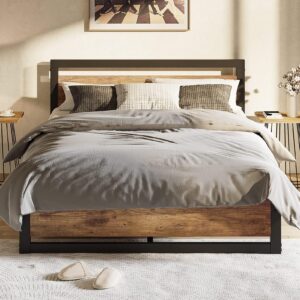 idealhouse king size bed frame with wooden headboard and footboard, metal king bed platform no box spring needed, 14 inch easy to assemble noise free king bed frame, rustic brown