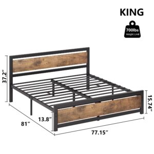 IDEALHOUSE King Size Bed Frame with Wooden Headboard and Footboard, Metal King Bed Platform No Box Spring Needed, 14 inch Easy to Assemble Noise Free King Bed Frame, Rustic Brown