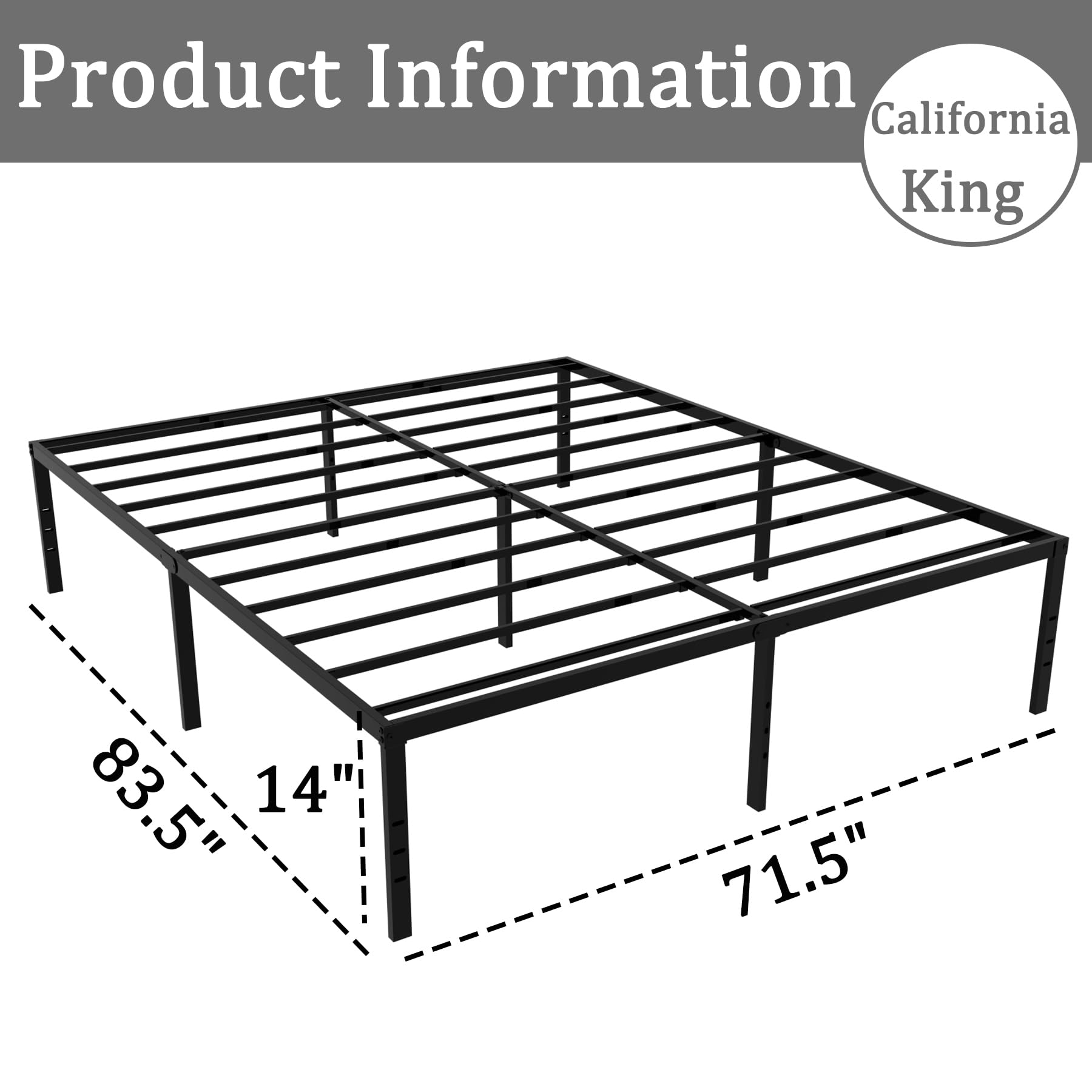 caziwhave California King Bed Frames 14 Inch High Cal King Size Heavy Duty Metal Mattress Foundation Platform Sturdy Steel Slat Support No Box Spring Needed Easy to Assembly Non Slip