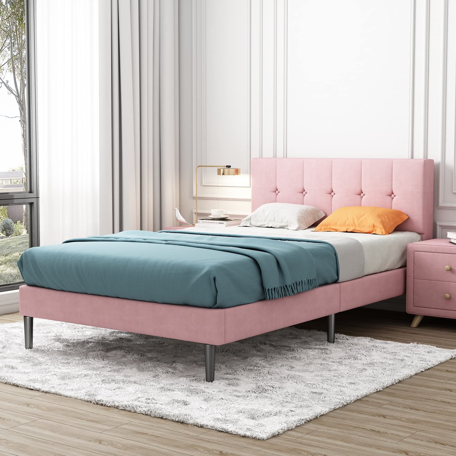 Lijimei Full Size Velvet Upholstered Platform Bed Frame, Pink, Wood Slats, Steel Frame