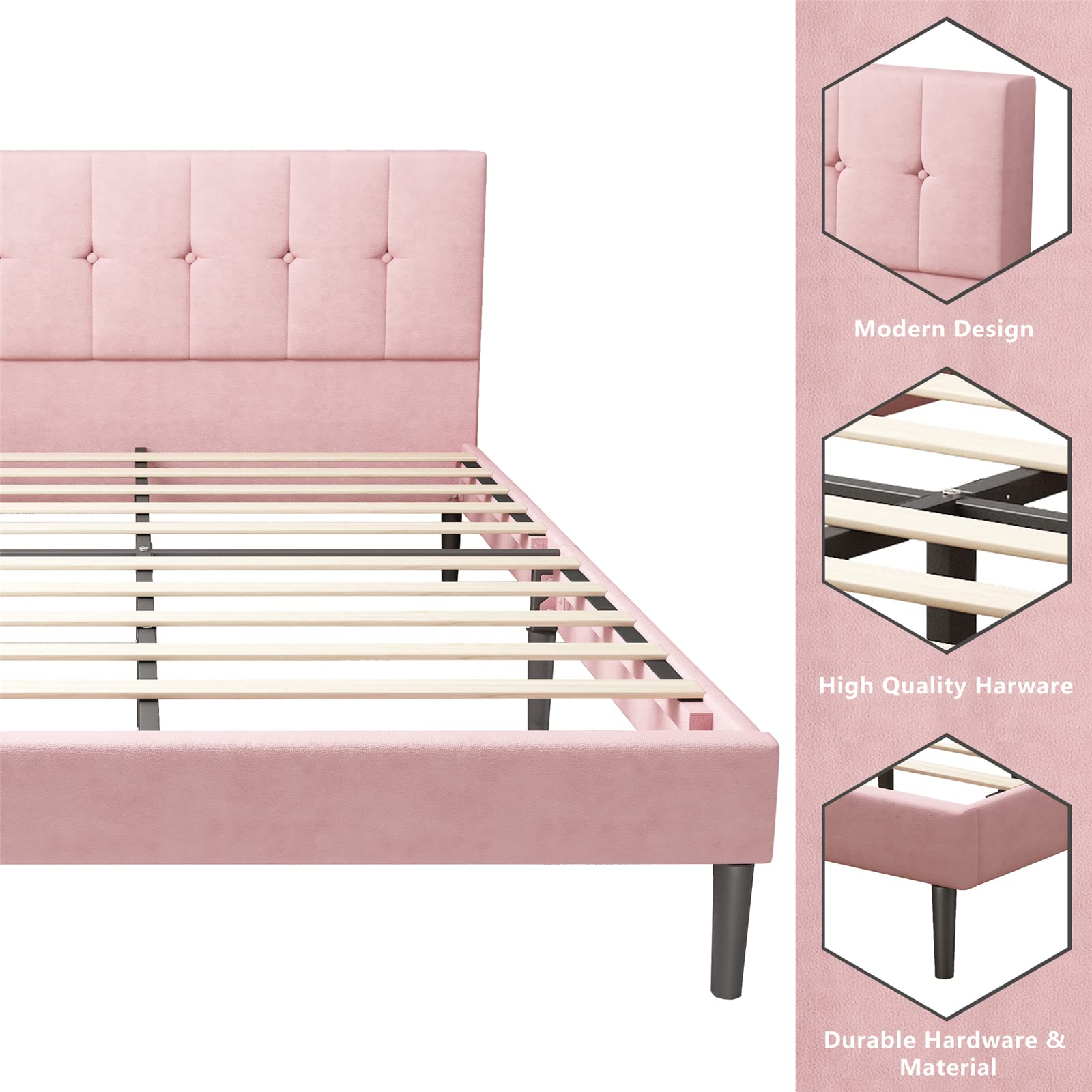 Lijimei Full Size Velvet Upholstered Platform Bed Frame, Pink, Wood Slats, Steel Frame