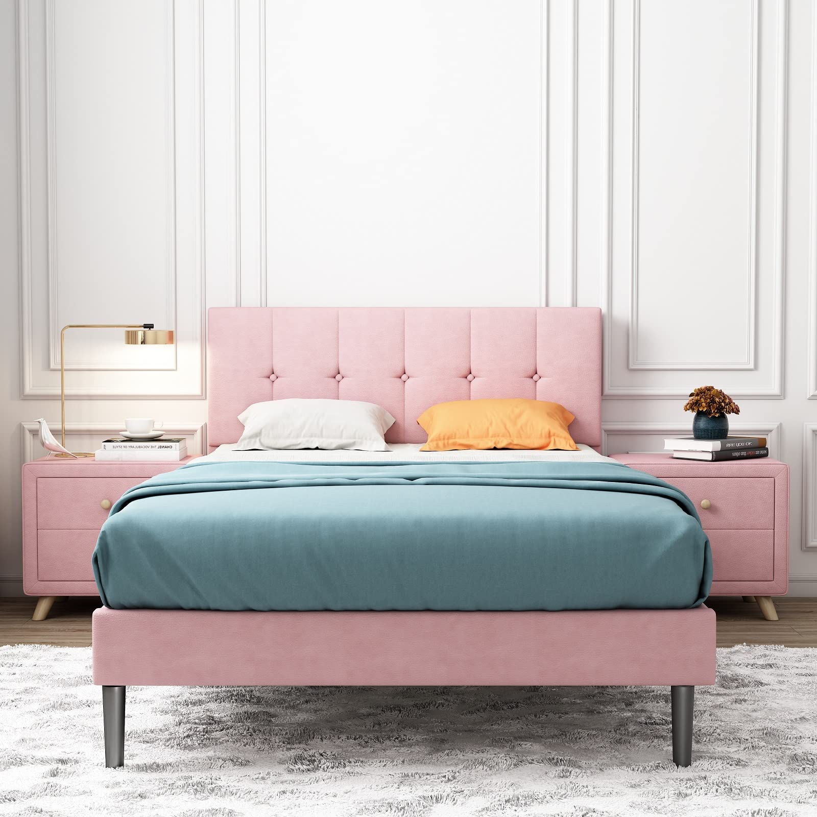 Lijimei Full Size Velvet Upholstered Platform Bed Frame, Pink, Wood Slats, Steel Frame