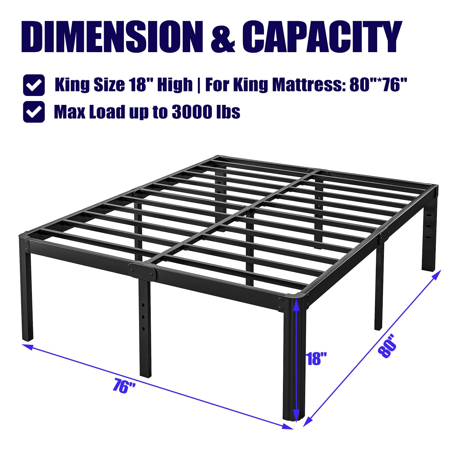 Hunlostten 18in High King Bed Frame No Box Spring Needed, Heavy Duty King Platform Bed Frame with Round Corners, Easy Assembly, Noise Free, Black