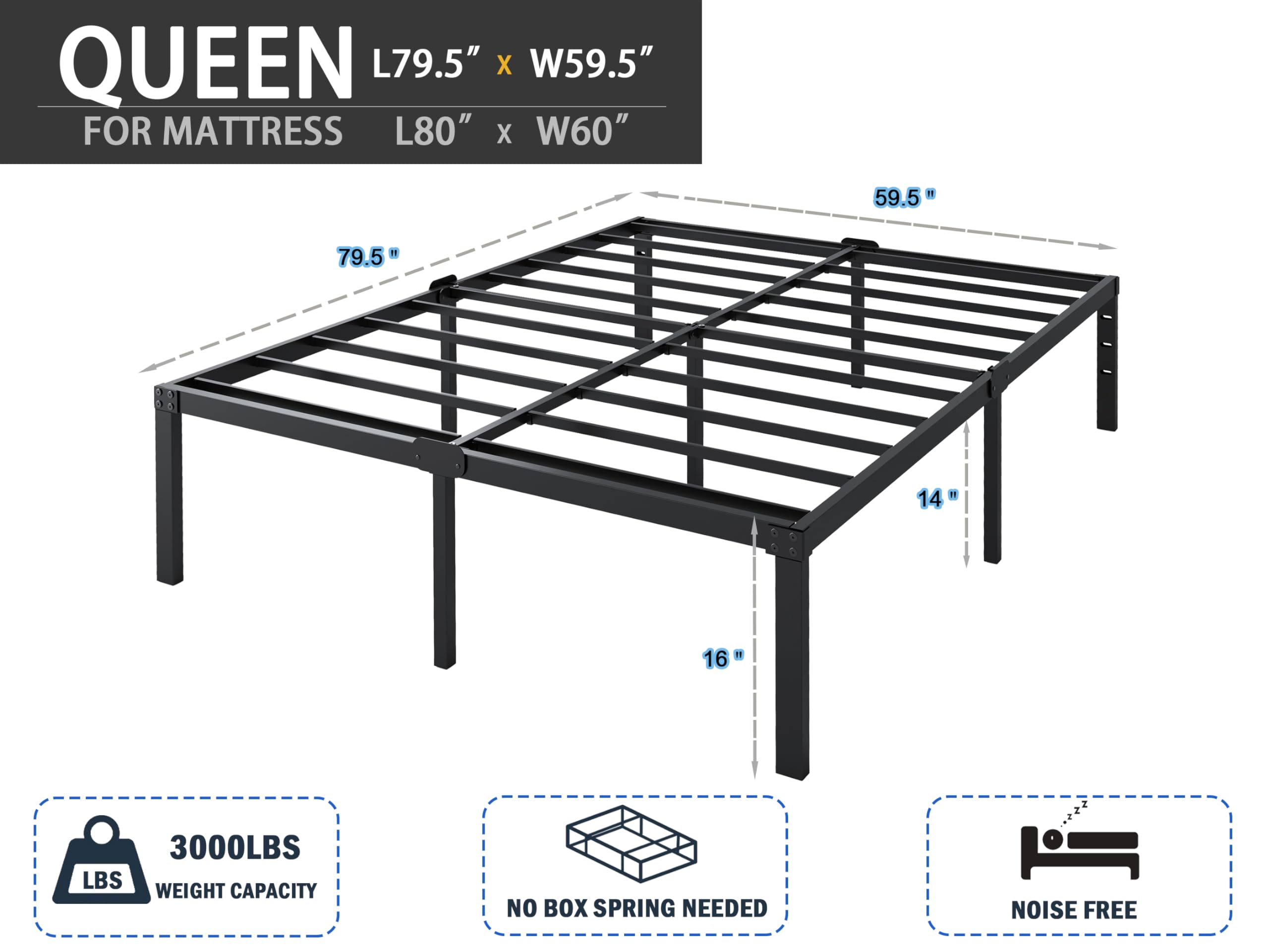 AROMUSTIME 16 Inch Standard Metal Platform Bed Frame / 3,000 lbs Heavy Duty Steel Slat Easy Assembly Mattress Foundation/Noise Free/Box Spring Replacement, Queen