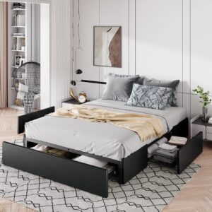 allewie full size platform bed frame with 3 storage drawers, faux leather upholstered, wooden slats support, no box spring needed, easy assembly, black