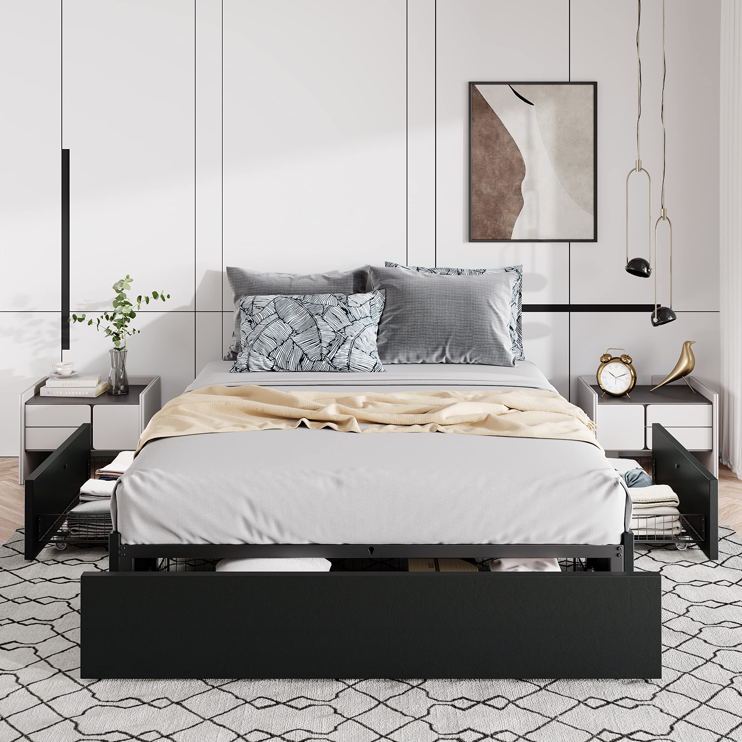 Allewie Full Size Platform Bed Frame with 3 Storage Drawers, Faux Leather Upholstered, Wooden Slats Support, No Box Spring Needed, Easy Assembly, Black