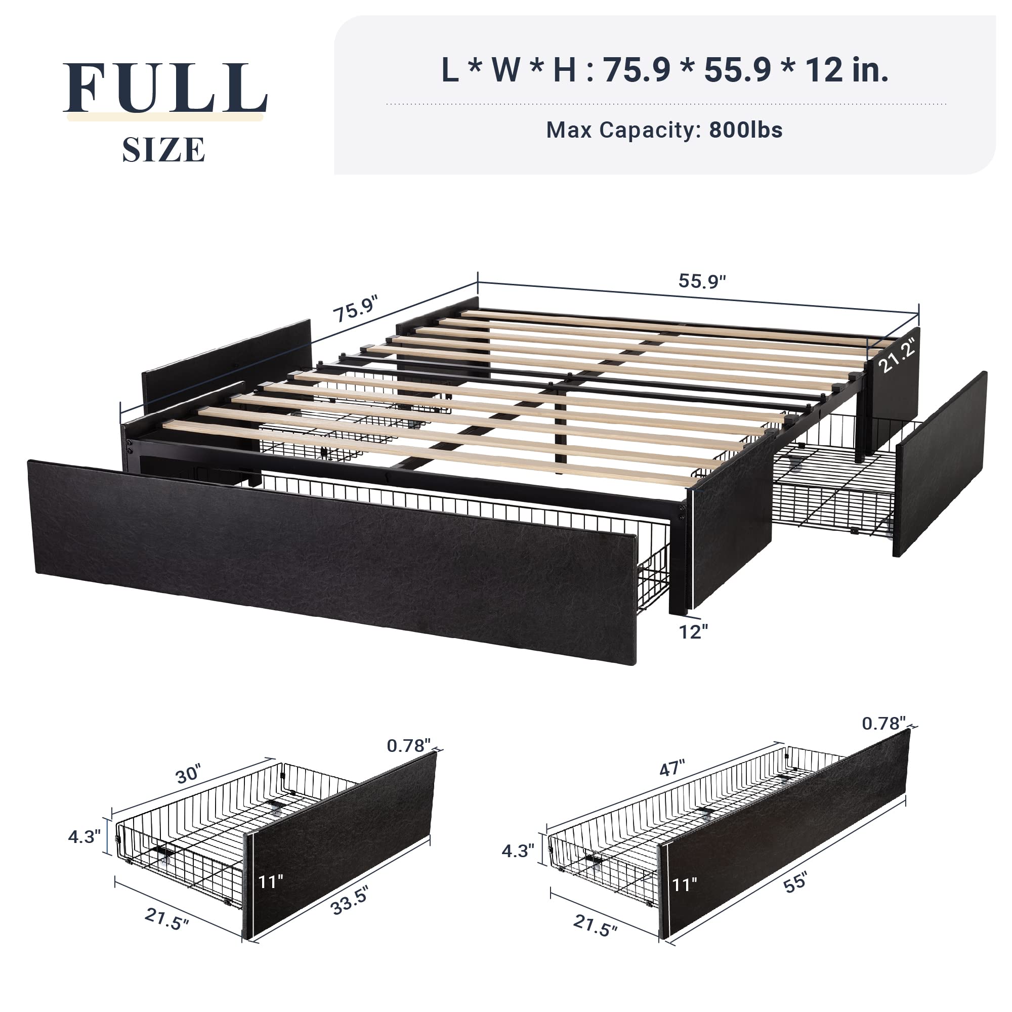 Allewie Full Size Platform Bed Frame with 3 Storage Drawers, Faux Leather Upholstered, Wooden Slats Support, No Box Spring Needed, Easy Assembly, Black