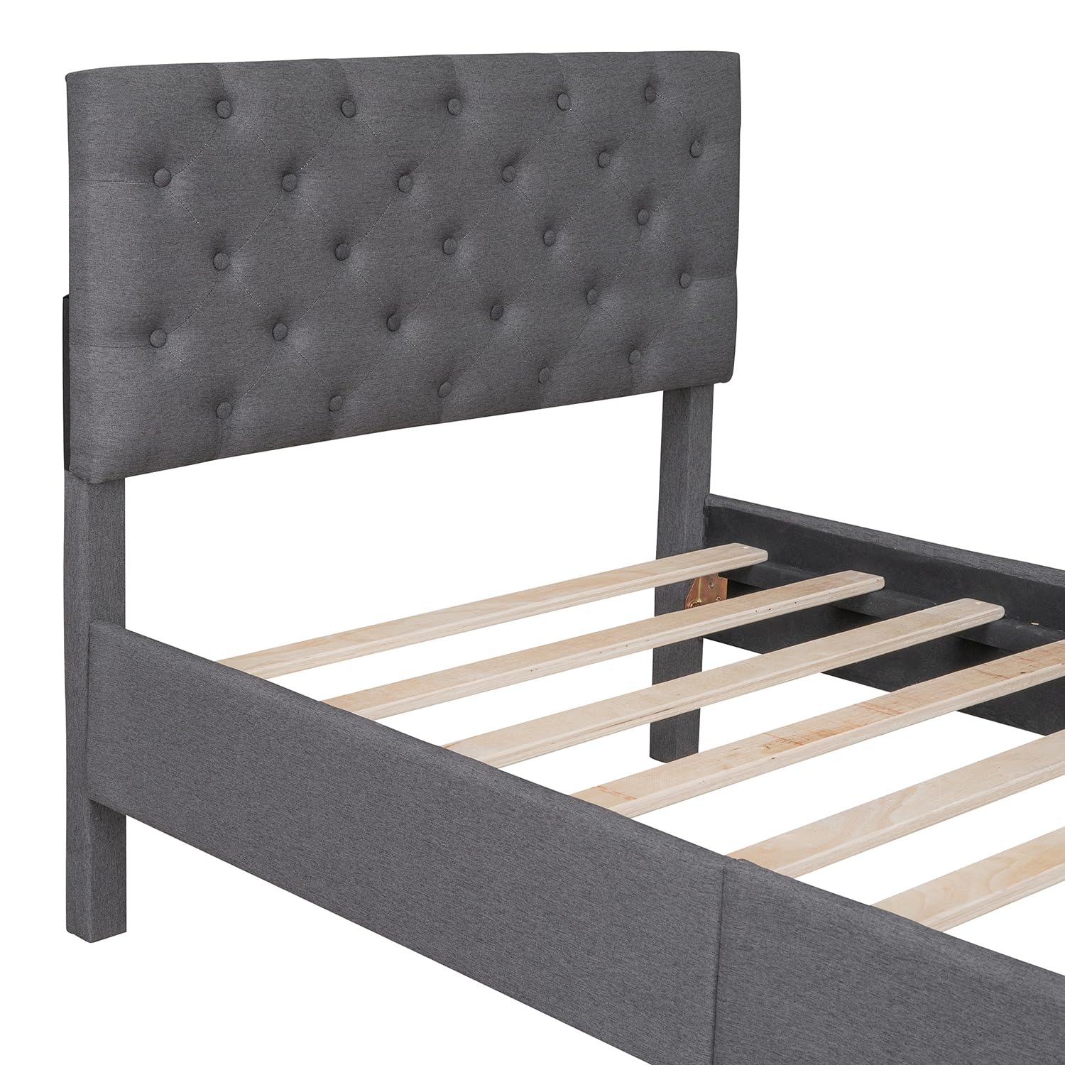 Twin Size Platform Bed, Metal and Wood Bed Frame with Headboard and Footboard, Metal Slat Support/No Box Spring Needed/Easy Assembly (Grey)