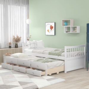 harper & bright designs twin captain’s bed with trundle and drawers, wooden daybed with storage twin platform bed frame for kids guests (twin size, white), hjh-lp241aak