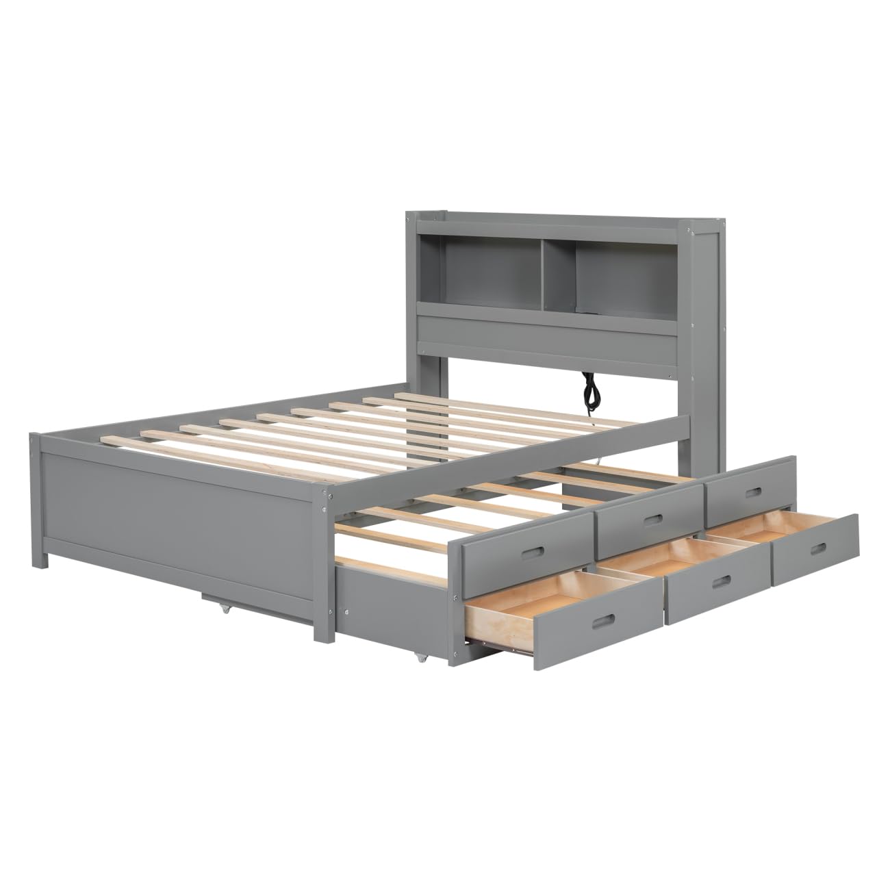 DNChuan Full Size Captain Bed with Trundle and Drawers,Platform Bed with Bookcase Headboard and USB Plugs,Solid Pine Frame-Gray