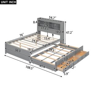 DNChuan Full Size Captain Bed with Trundle and Drawers,Platform Bed with Bookcase Headboard and USB Plugs,Solid Pine Frame-Gray