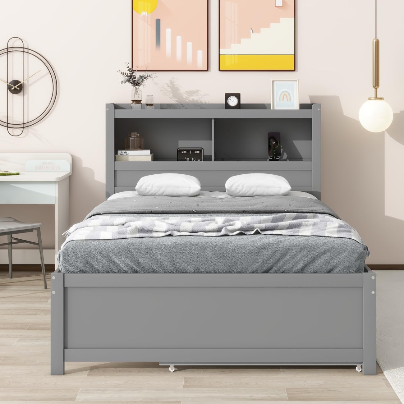 DNChuan Full Size Captain Bed with Trundle and Drawers,Platform Bed with Bookcase Headboard and USB Plugs,Solid Pine Frame-Gray