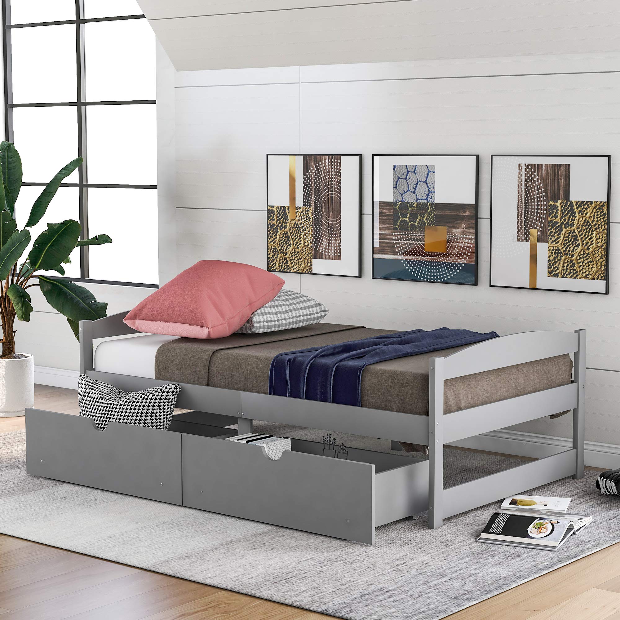 HZSSDTKJ Twin Size Platform Bed with Two Storage Drawers, Solid Wood Daybed Frame with Wooden Slats Support for Kids Teens Girls Boys Adults, No Box Spring Needed (Gray-T6, Twin)