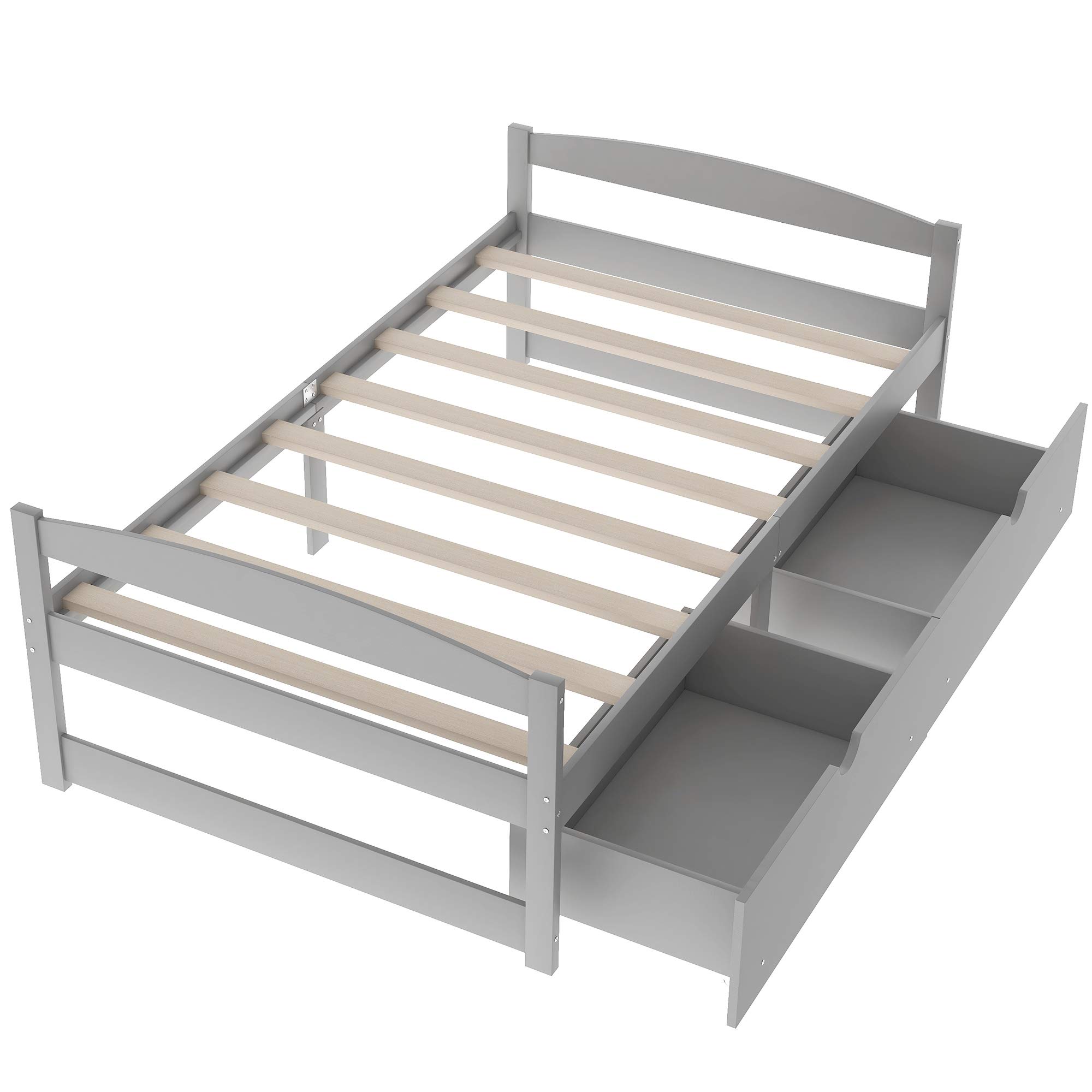 HZSSDTKJ Twin Size Platform Bed with Two Storage Drawers, Solid Wood Daybed Frame with Wooden Slats Support for Kids Teens Girls Boys Adults, No Box Spring Needed (Gray-T6, Twin)