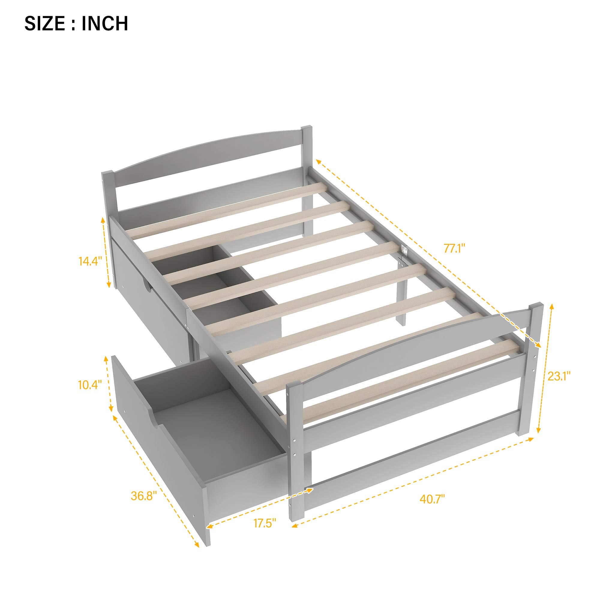 HZSSDTKJ Twin Size Platform Bed with Two Storage Drawers, Solid Wood Daybed Frame with Wooden Slats Support for Kids Teens Girls Boys Adults, No Box Spring Needed (Gray-T6, Twin)