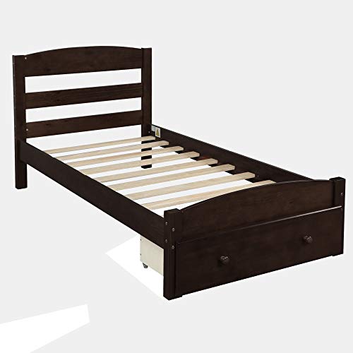 HZXINKEDZSW Twin Size Classic Platform Bed with Storage Drawer and Headboard, Wooden Bed Frame with Slat Support for Kids,Teens,Adults,Girls,Boys Bedroom (Espresso-03)