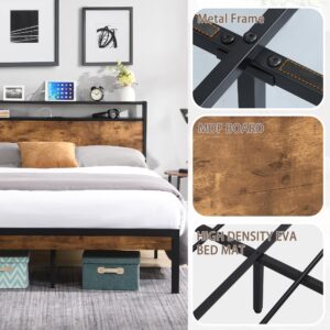 QKFF Full Size Bed Frame, Metal Bed Frame with Wooden Storage Headboard Outlet & USB Port, Solid and Stable, Noise Free, No Box Spring Needed (Full)