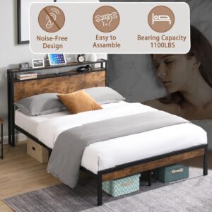 QKFF Full Size Bed Frame, Metal Bed Frame with Wooden Storage Headboard Outlet & USB Port, Solid and Stable, Noise Free, No Box Spring Needed (Full)