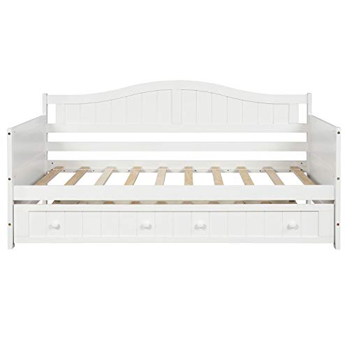 Twin Size Daybed Sofa Beds and Trundle Daybed,Simplicity Twin Platform Bed,Solid Wood Slat Support,Dual-use Sturdy Sofa Bed,No Box Spring Needed,for Living Room,Guest Room,Children Room (White)