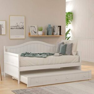 Twin Size Daybed Sofa Beds and Trundle Daybed,Simplicity Twin Platform Bed,Solid Wood Slat Support,Dual-use Sturdy Sofa Bed,No Box Spring Needed,for Living Room,Guest Room,Children Room (White)