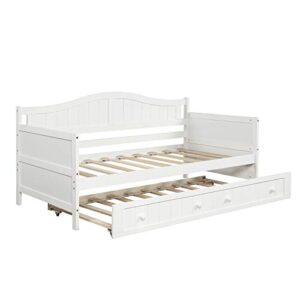 Twin Size Daybed Sofa Beds and Trundle Daybed,Simplicity Twin Platform Bed,Solid Wood Slat Support,Dual-use Sturdy Sofa Bed,No Box Spring Needed,for Living Room,Guest Room,Children Room (White)