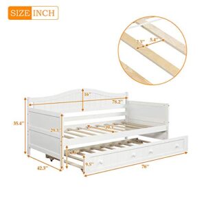 Twin Size Daybed Sofa Beds and Trundle Daybed,Simplicity Twin Platform Bed,Solid Wood Slat Support,Dual-use Sturdy Sofa Bed,No Box Spring Needed,for Living Room,Guest Room,Children Room (White)