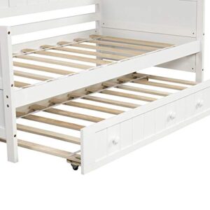 Twin Size Daybed Sofa Beds and Trundle Daybed,Simplicity Twin Platform Bed,Solid Wood Slat Support,Dual-use Sturdy Sofa Bed,No Box Spring Needed,for Living Room,Guest Room,Children Room (White)