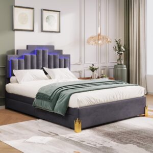 jivoit queen size upholstered platform bed with 4 drawers, modern led light platform bed frame, stylish irregular metal bed legs design, upholstered storage bed for kids teens (gray,queen,metal legs)