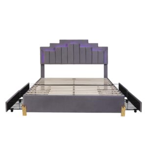 JIVOIT Queen Size Upholstered Platform Bed with 4 Drawers, Modern LED Light Platform Bed Frame, Stylish Irregular Metal Bed Legs Design, Upholstered Storage Bed for Kids Teens (Gray,Queen,Metal Legs)