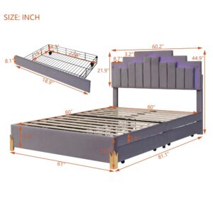 JIVOIT Queen Size Upholstered Platform Bed with 4 Drawers, Modern LED Light Platform Bed Frame, Stylish Irregular Metal Bed Legs Design, Upholstered Storage Bed for Kids Teens (Gray,Queen,Metal Legs)