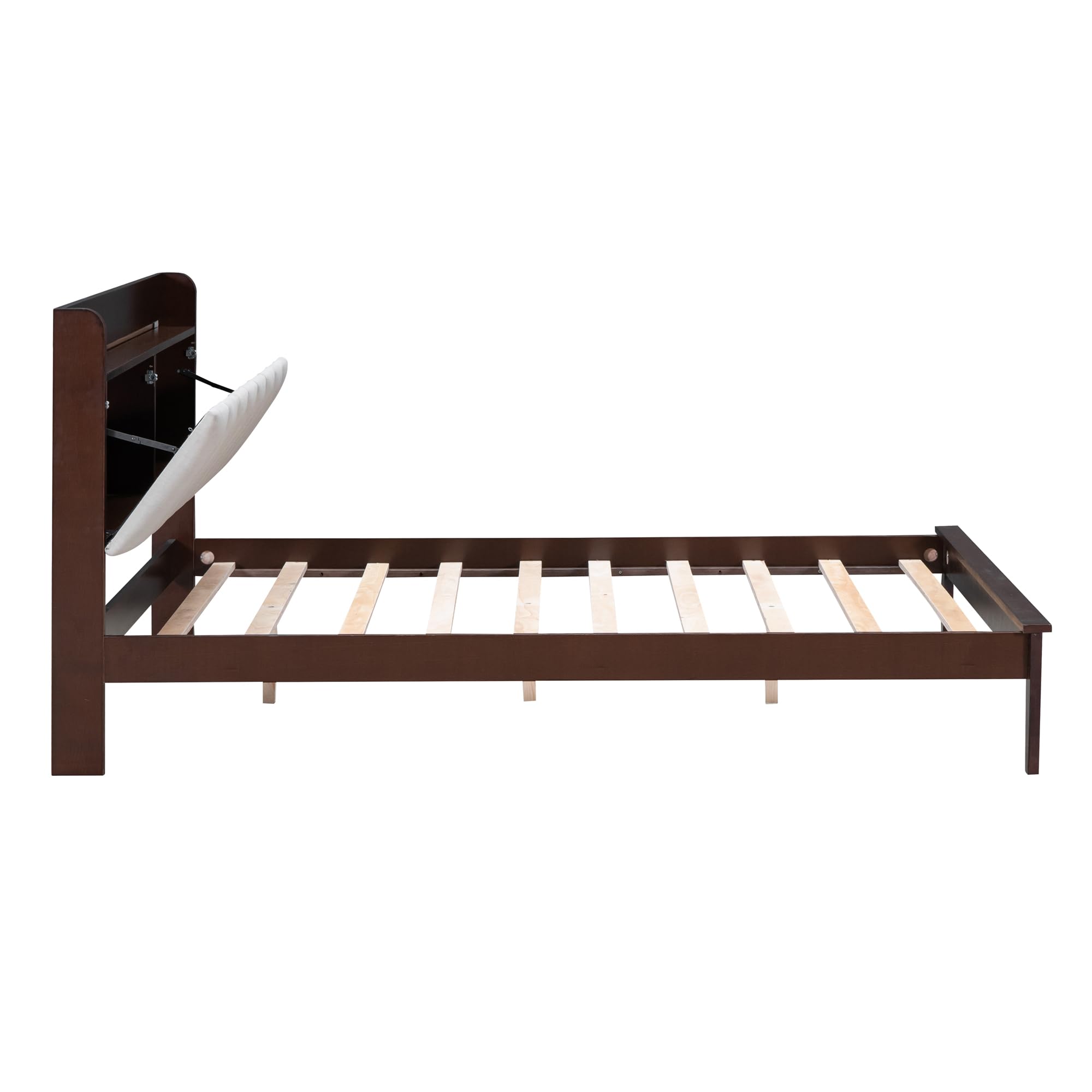 HZXINKEDZSW Full Size Platform Bed with USB Charging Station and Storage Upholstered Headboard,Wooden Bed Frame with LED Lights for Kids Teens Adults,No Box Spring Needed (Walnut+Beige, Full)