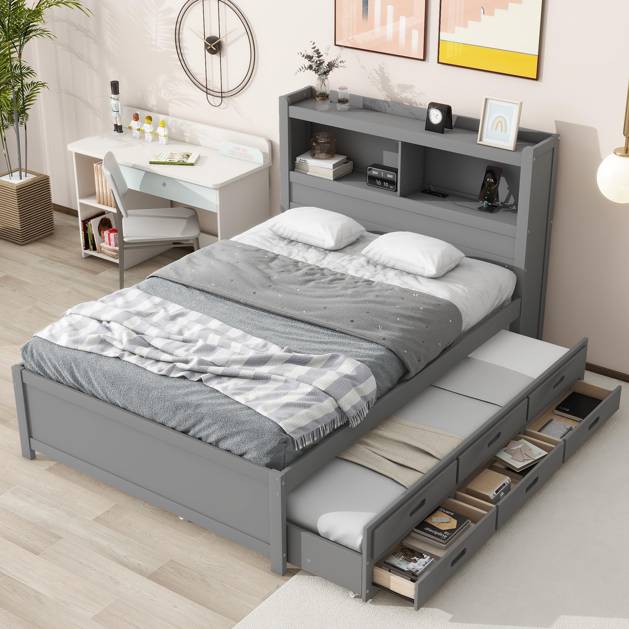 SIYSNKSI Full Size Platform Bed with Trundle, Wooden Platform Bed Frame with Drawers and USB Plugs, Multi-Function Platform Bed for Kids Teens Boys Girls Bedroom, Easy Assembly (Gray + Pine-31a)