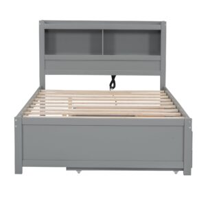 SIYSNKSI Full Size Platform Bed with Trundle, Wooden Platform Bed Frame with Drawers and USB Plugs, Multi-Function Platform Bed for Kids Teens Boys Girls Bedroom, Easy Assembly (Gray + Pine-31a)