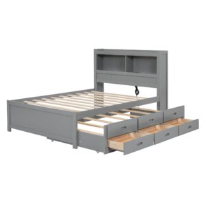 SIYSNKSI Full Size Platform Bed with Trundle, Wooden Platform Bed Frame with Drawers and USB Plugs, Multi-Function Platform Bed for Kids Teens Boys Girls Bedroom, Easy Assembly (Gray + Pine-31a)