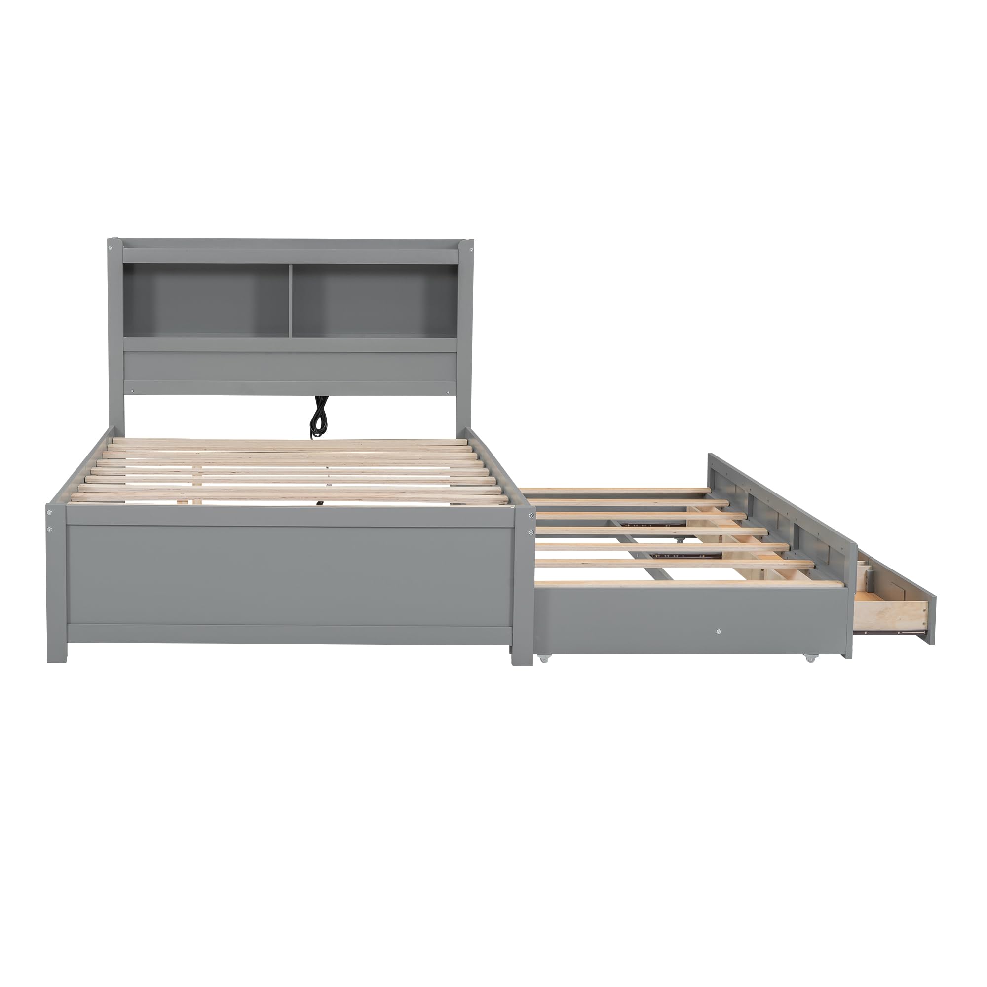 SIYSNKSI Full Size Platform Bed with Trundle, Wooden Platform Bed Frame with Drawers and USB Plugs, Multi-Function Platform Bed for Kids Teens Boys Girls Bedroom, Easy Assembly (Gray + Pine-31a)