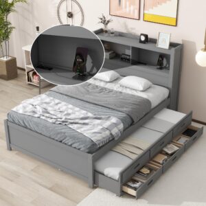 SIYSNKSI Full Size Platform Bed with Trundle, Wooden Platform Bed Frame with Drawers and USB Plugs, Multi-Function Platform Bed for Kids Teens Boys Girls Bedroom, Easy Assembly (Gray + Pine-31a)