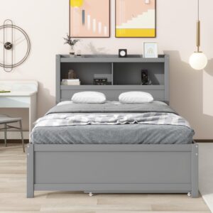 SIYSNKSI Full Size Platform Bed with Trundle, Wooden Platform Bed Frame with Drawers and USB Plugs, Multi-Function Platform Bed for Kids Teens Boys Girls Bedroom, Easy Assembly (Gray + Pine-31a)