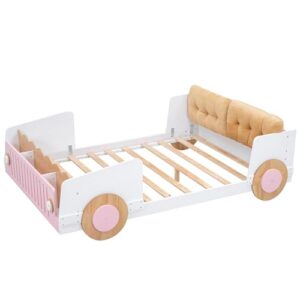 Full Size Classic Car-Shaped Platform Bed with Soft Cushion and Shelves On The Footboard, Solid Wood Platform Bed Frame with Wheels and Support Slats for Kids Boys Girls Teens Adults