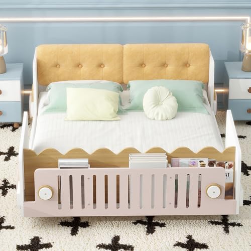 Full Size Classic Car-Shaped Platform Bed with Soft Cushion and Shelves On The Footboard, Solid Wood Platform Bed Frame with Wheels and Support Slats for Kids Boys Girls Teens Adults