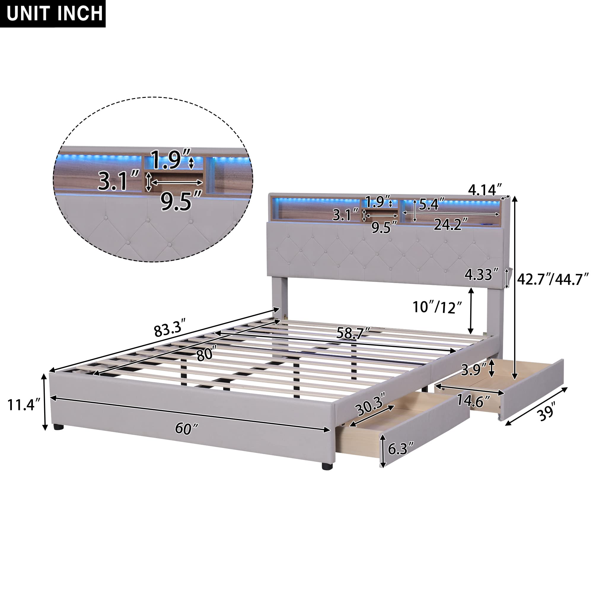 Queen Size Upholstered Platform Bed with Storage Headboard and 2 Drawers,Linen Fabric Platform Bed Wood Bed Frame with LED,USB Port and Hidden Storage for Kids Adult Bedroom (Beige, Queen)