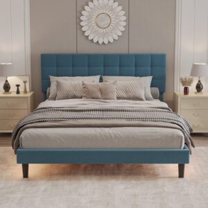 yone jx je queen bed frame with lights,upholstered platform bed frame,upholstered queen size bed frame,mattress foundation,box spring needed,easy assembly (blue)