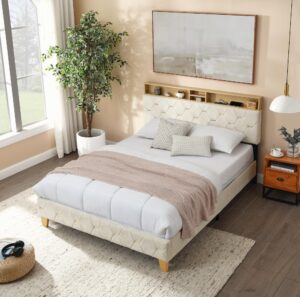 qkff queen size bed frame with upholstered headboard, wood platform bed frame with outlet & usb ports headboard, wood legs, no box spring needed, easy assembly (beige, queen)