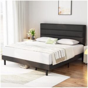 queen size bed frame with headboard, sturdy platform bed with wooden slats support, no box spring, mattress foundation, dark grey